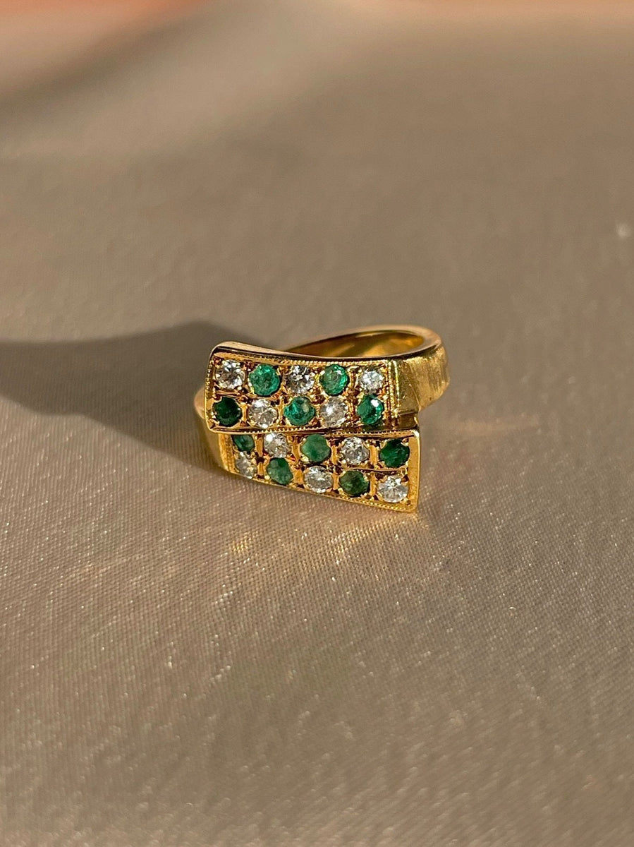 Vintage 18k Emerald Diamond Checkered Bypass Ring – 23carat